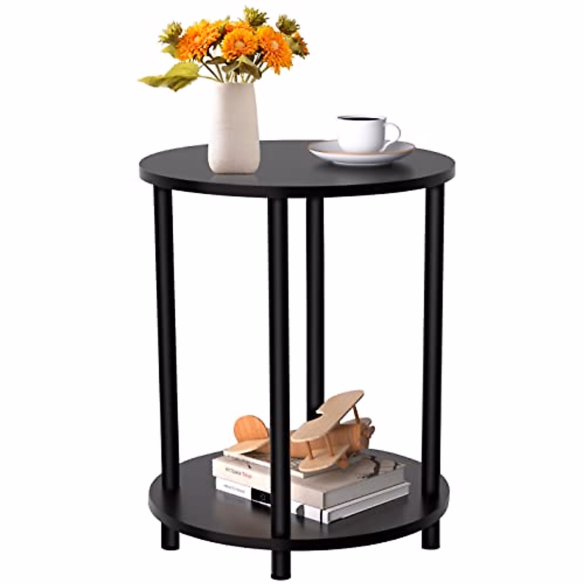 Unihouse Small Round Side Table, 2 Tier Black Wooden End Table/Bed Side Table/Nightstand for Living Room/Bedroom/Small Space,15.6"(D)*19.72"(H),Metal Legs