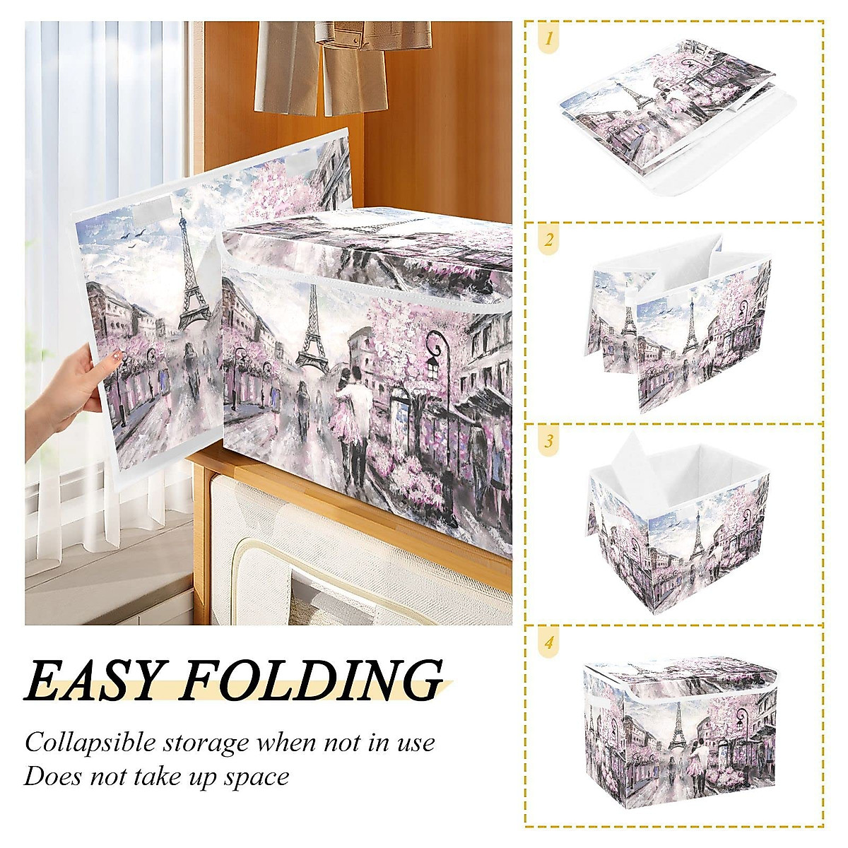 MFTJYO Storage Bin with Lid Romantic Couple Paris Street Scene Foldable Storage Box Washable Fabric Storage Cubes Bin Organizer Basket Closet for Home Bedroom Closet Nursery Office