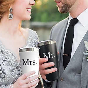 PartyGifts&beyond Mr and Mrs Cups Wedding honeymoon essential gifts 2 Pcs 20 Oz Stainless Steel Couple Tumblers for Bride and Groom (Bold)