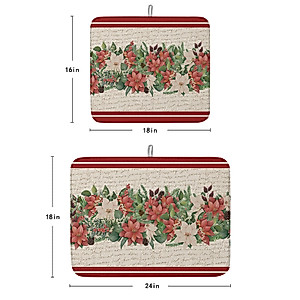Christmas Poinsettia Dish Drying Mat for Kitchen Counter, Microfiber Rack Pads, Red Pink Xmas Botanical Vintage Absorbent Dish Bottle Drying Mat, 18''x24'', 2 Pack