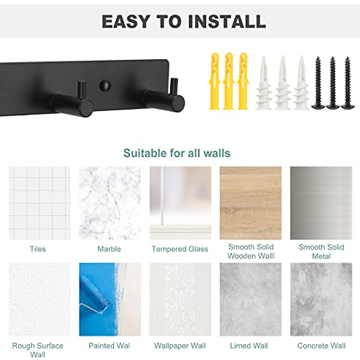 Lwenki Key Holder for Wall, Black Key Rack with 4 Key Hooks to Hang Keyrings, Dog Leash, Umbrella, Sunglasses – Key Hanger with Mounting Hardware for Glass, Tile and Wood (10.9” x 1.4” x 1.0”) (Black)