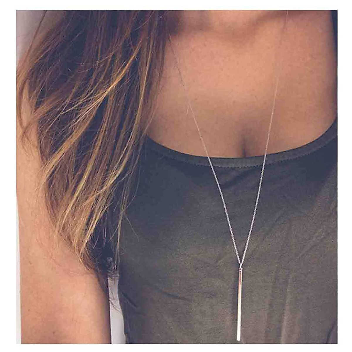 Artmiss Bar Pendant Necklace Gold Long Y-Necklace Delicate Lariat Chain Jewelry for Women(Silver)