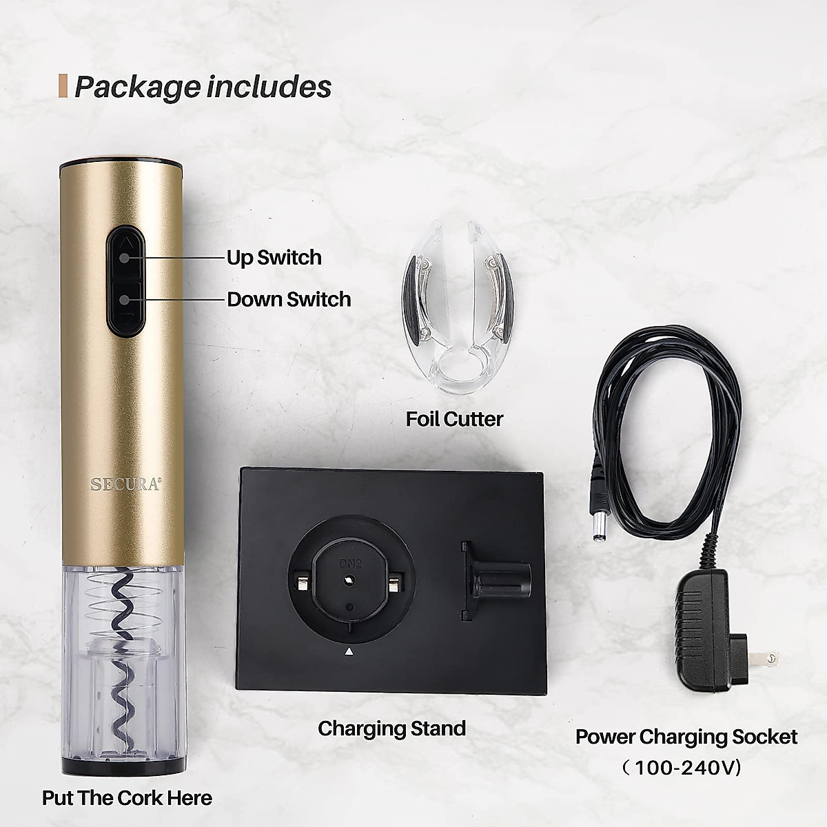 Secura Electric Wine Opener, Automatic Electric Wine Bottle Corkscrew Opener with Foil Cutter, Rechargeable (Champagne Gold)