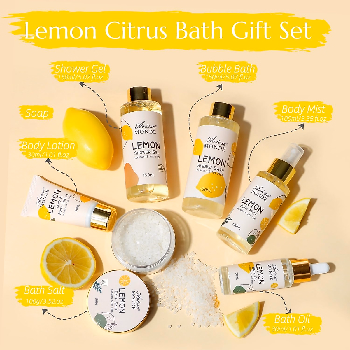 Lemon Scent Bath Spa Gift Box Set for Women - Shower Gel, Bubble Bath, Body Cream, Soap, Salt, Essential Oil