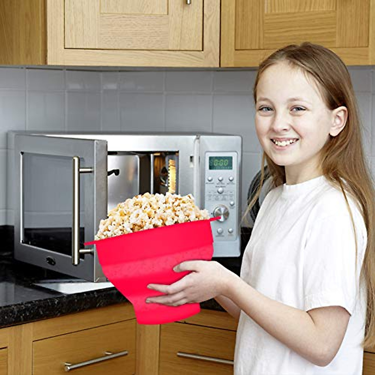 KUFUNG Kitchen Microwave Popcorn Popper Collapsible, BPA Free Silicone Popcorn Popper Microwave Collapsible Bowl, Quick & Easy Popcorn Popper Silicone Microwave (S, Rose Red)