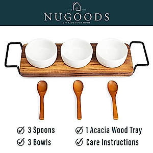 Acacia Wood Serving Tray with 3 Ceramic Bowls & 3 Wooden Spoons - Relish Tray with Stainless Steel Handles & Non-Scratch Rubber Feet Serves as Chip and Dip Serving Set for Sauces, Dips & Much More