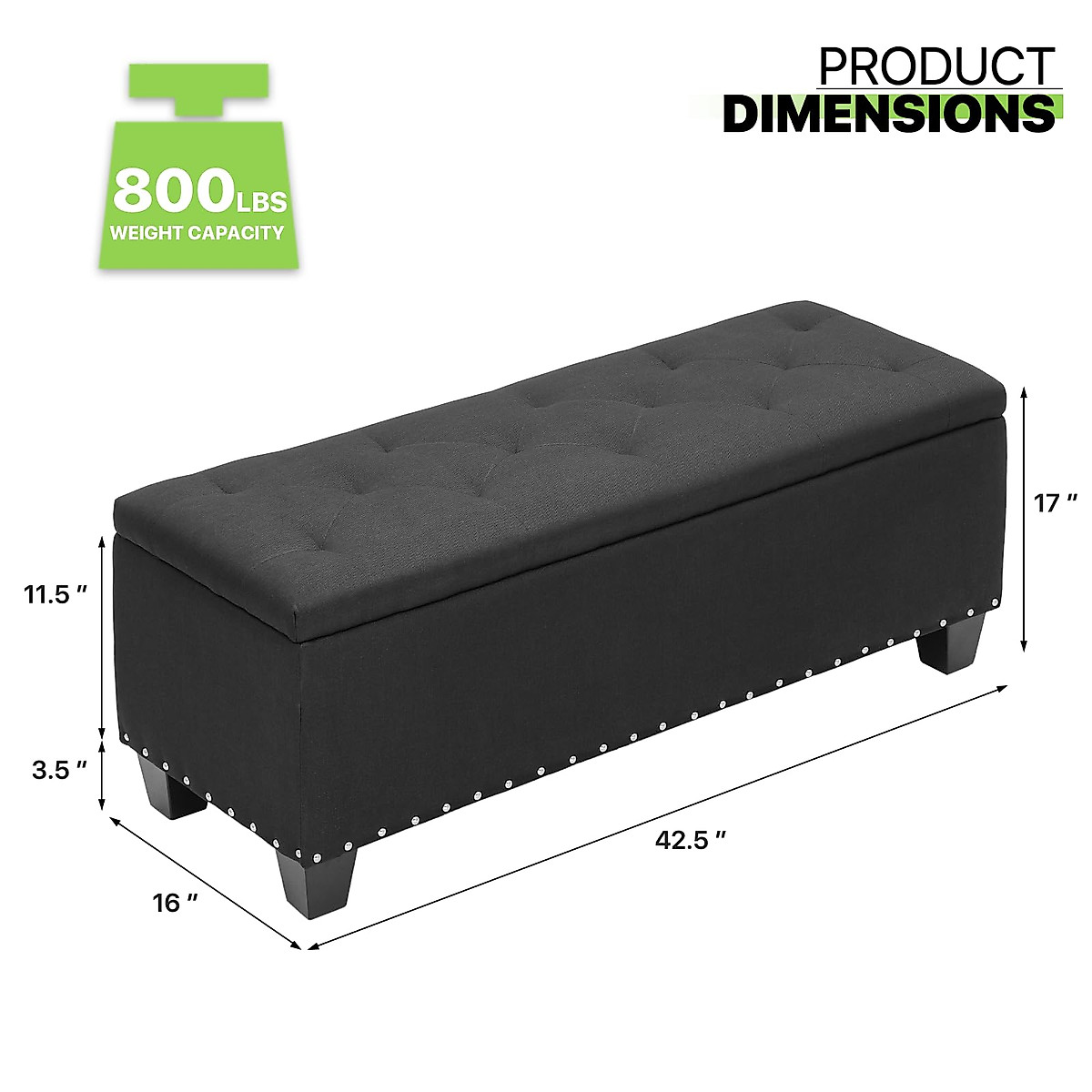 Magshion 42 Inch Storage Ottoman Bench, Large Tufted Rectangular Ottoman Bench with Hinged Lid, Entryway Storage Bench for Living Room, Bedroom, Hallway – Supports up to 800 lbs, Linen Black