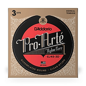 D'Addario Guitar Strings - Pro-Arte Classical Guitar Strings - EJ45-3D - Nylon Guitar Strings - Silver Plated Wound, Nylon Core - Normal Tension, 3-Pack