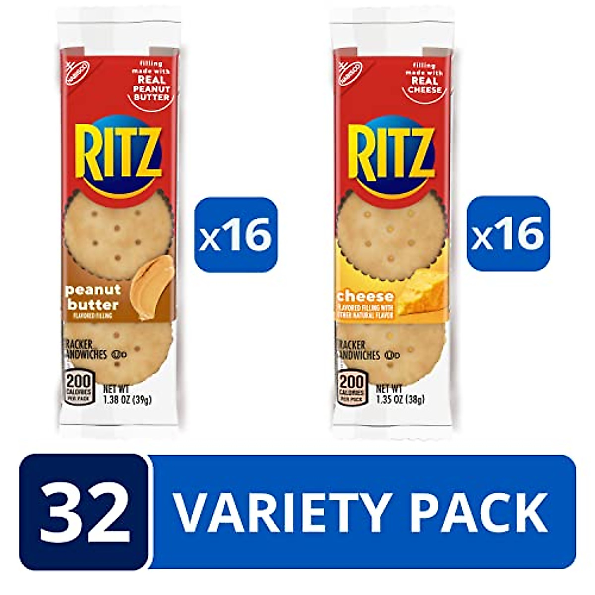 RITZ Peanut Butter Sandwich Cracker Snacks and Cheese Sandwich Crackers, Snack Crackers Variety Pack, 32 Snack Packs (6 Crackers Per Pack)