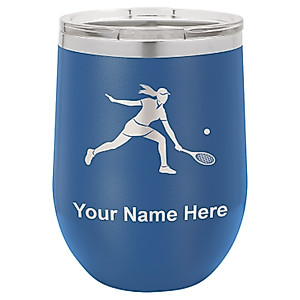 LaserGram Double Wall Stainless Steel Wine Glass Tumbler, Tennis Player Woman, Personalized Engraving Included (Dark Blue)