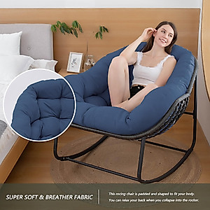 Naga Bahna Outdoor Rocking Chair, Patio Wicker Egg Chair, Indoor & Outdoor Comfy Oversized Papasan Chair with Padded Cushion, Royal Rattan Rocker for Front Porch, Garden, Patio (Navy Blue)