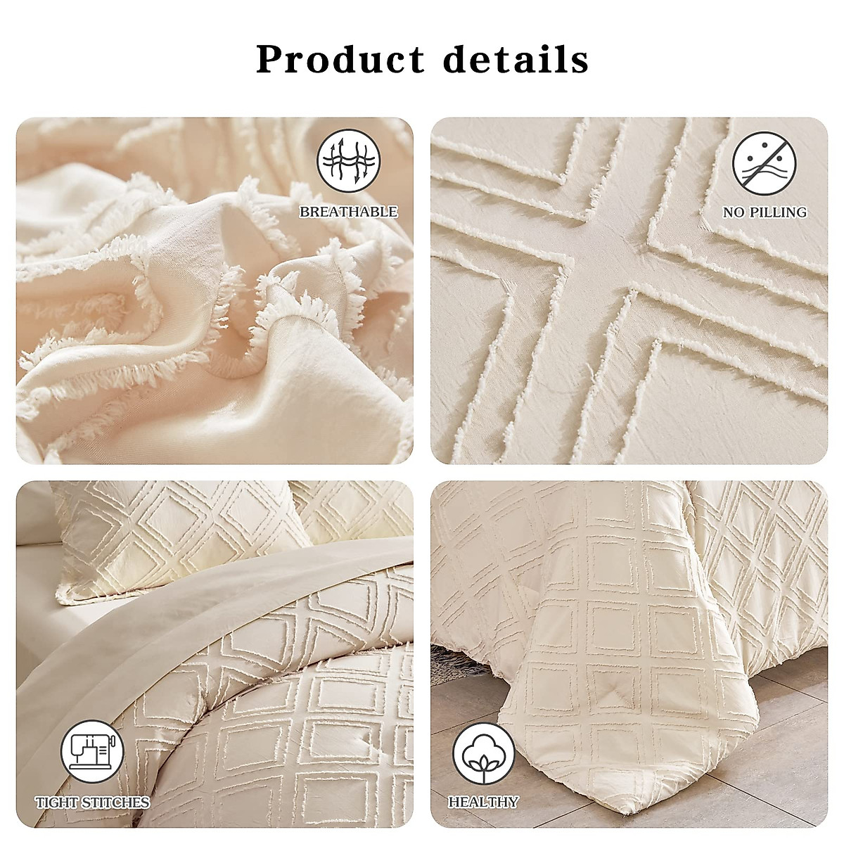 6 Pieces Tufted Bed in a Bag Twin Comforter Set with Sheets Beige, Soft and Embroidery Shabby Chic Boho Bohemian Design, Luxury Solid Color with Diamond Pattern, Jacquard Tufts Bedding Set for Kids