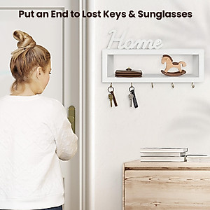 Lwenki Wall Shelf with Hooks - Decorative Key and Wallet Holder for Wall Holds Sunglasses, Leashes, Scarves and Lanyards - 15.7" x 5.1" x 2.9" Entryway Organizer Made of Paulownia Wood (White)