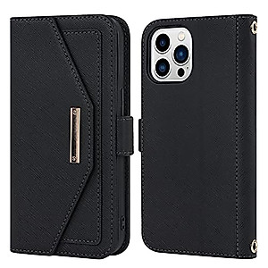 Jaorty Crossbody Wallet for iPhone 13 Pro Max Case with Adjustable Lanyard Strap Credit Card Holder 6.7",PU Leather Handbag Purse Kickstand Make Up Mirror Cover Case for Men Women Girl,Black