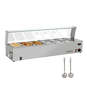 ROVSUN 48QT 1500W Electric Commercial Food Warmer, 6-Pan Steam Table 8QT/Pan Stainless Steel Bain Marie Countertop w/Acrylic Shield Temperature Control & Lid for Buffet Restaurant 110V