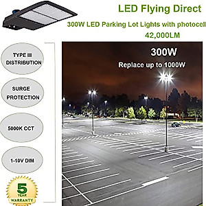 300W LED Shoebox Parking Lot Lights with Dusk to Dawn Photocell Sensor, Surge Protection Built-in, 1-10V Dimmable, 5000K Cool White, 100-277V AC IP65 DLC UL Listed, Yoke/Trunnion/Wall Mount Bracket