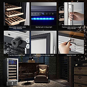 BODEGA Wine Cooler, 15 Inch Mini Fridge Wine Cooler Refrigerator, with Temperature Memory and Digital Temperature Control,Built-in or Freestanding (Double-Layer Glass Door)