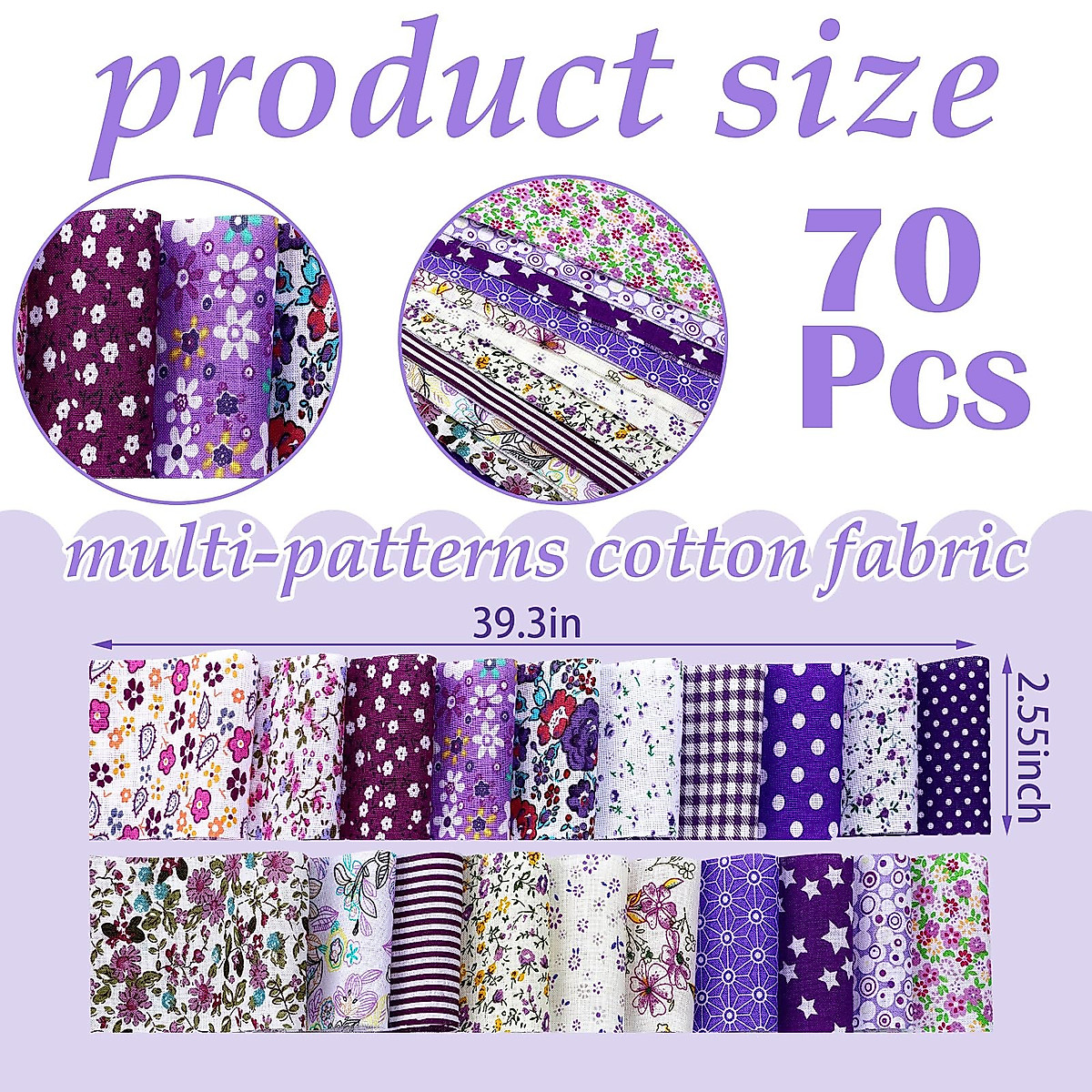 Kingdder 70 Pcs Floral Cotton Fabric Patchwork Roll 2.55 x 39.4 Inch Cotton Quilting Fabric Roll up Cotton Fabric Quilting Strips Precut Patchwork Roll for Craft Sewing DIY Crafts (Purple Flower)