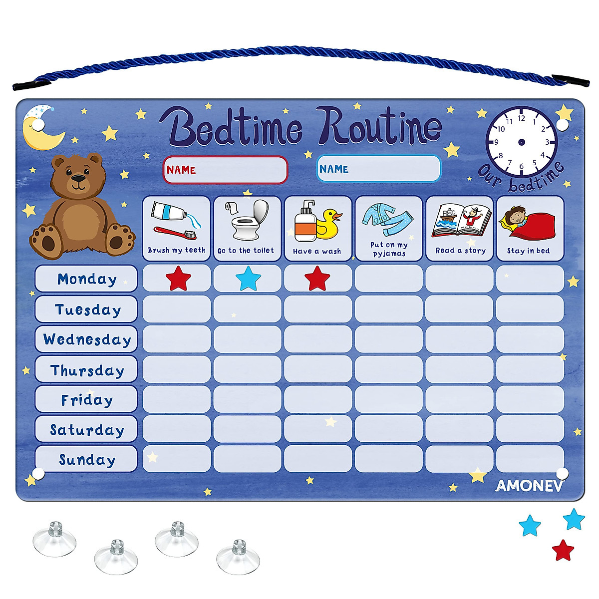 Amonev Magnetic Bedtime Routine Chart Reward Chart and Sleep Training Stay in Bed Chart for Boys Girls Toddlers and Young Children with Magnetic Stars. Reusable Wall Chart. Two Child.