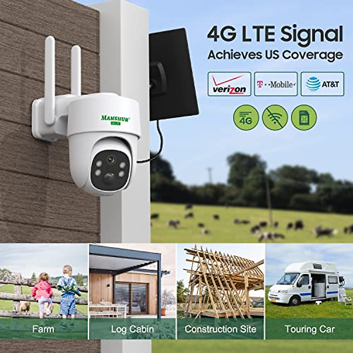 4G LTE Cellular Security Camera Outdoor Wireless, Cameras Without Wifi Needed 360° PTZ 2K/3MP Color Night Vision, 2 Way Talk, PIR Motion Detection, Spotlight & Siren, No WiFi Needed, IP66, Cloud/SD