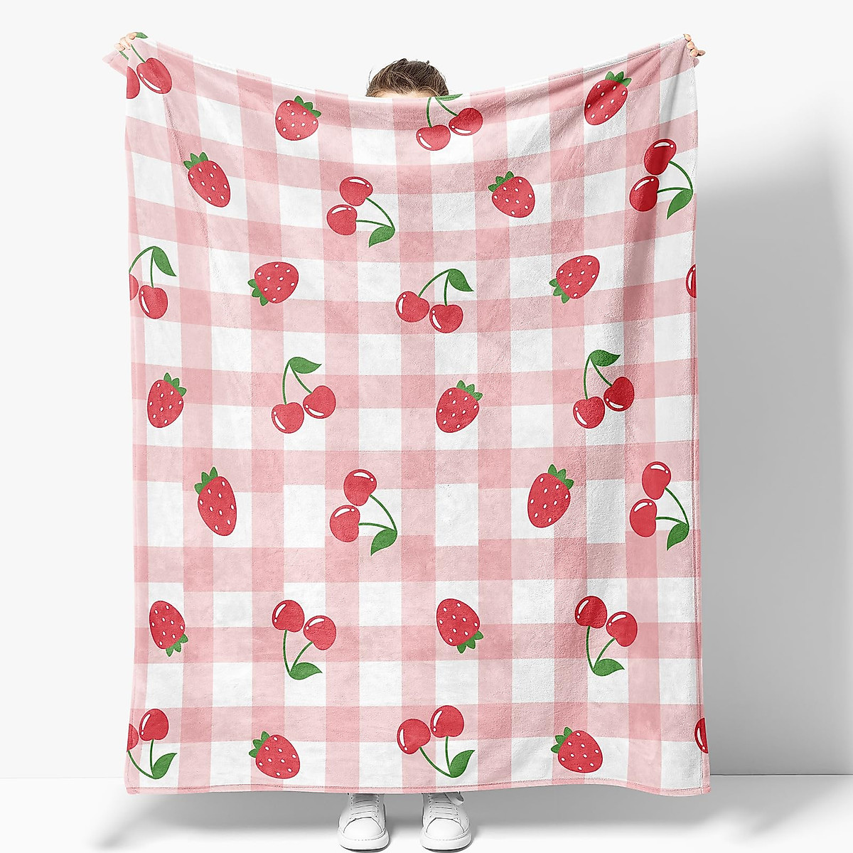 Strawberry Cherries Blanket Gifts for Women Girls Mom Birthday Christmas Valentines Presents Pink Fruit Theme Decor Bedroom Living Room Sofa Couch Soft Cozy Plush Kids Adults Teen Fleece Throw 60"x50"