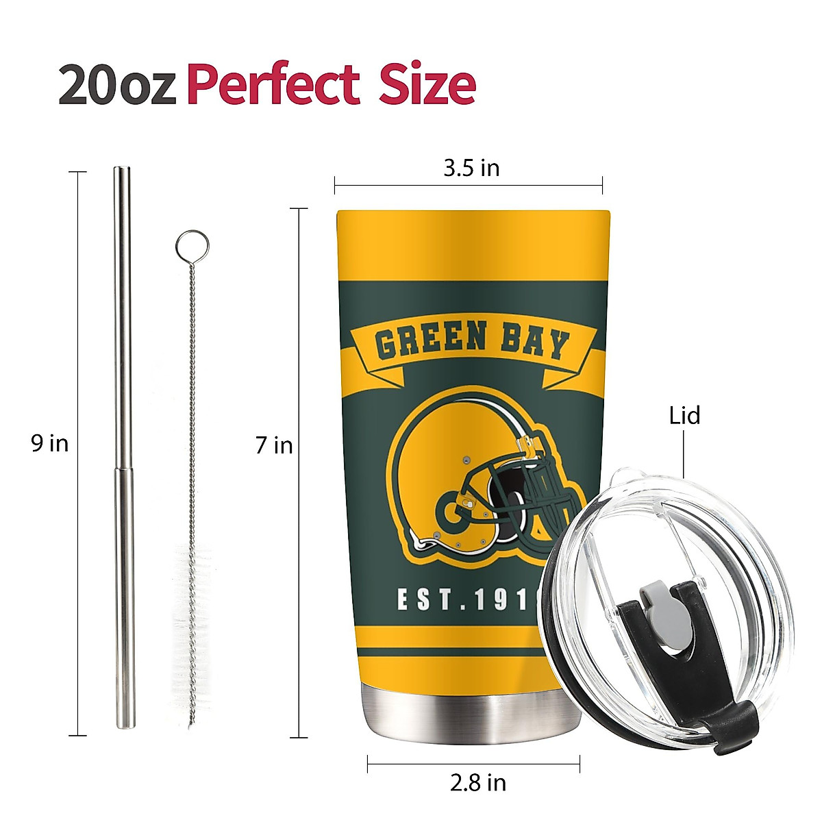 Custom Green Bay Tumbler 20oz Stainless Steel with Lid &amp; Straw Personalized Football Fans Gifts for Women Men Travel Cup Insulated Tumbler Add Name Number