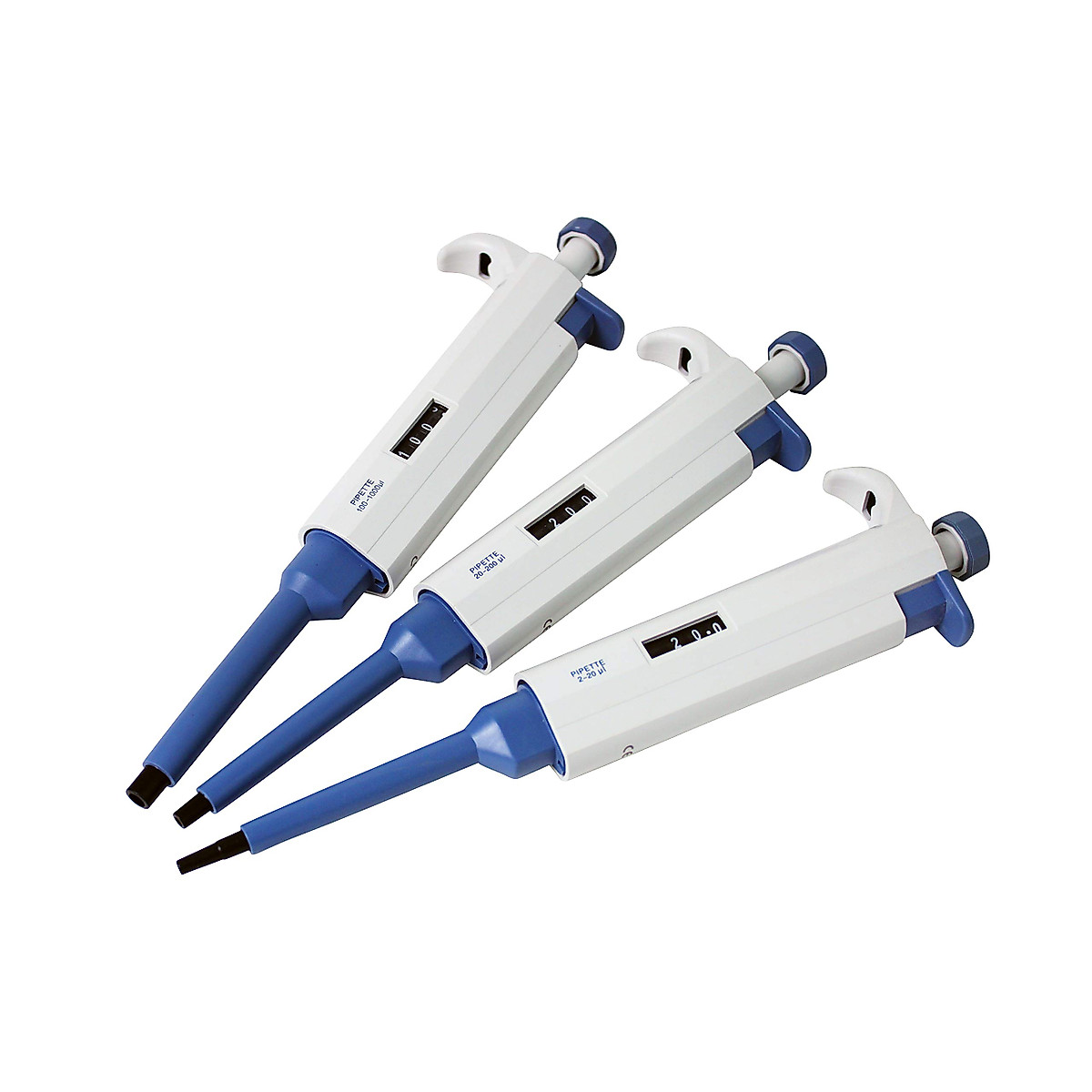 Starter Set of 3 Variable Volume Single Channel Pipettes, Adjustable Pipettors, 2-20, 20-200, 100-1000 microliter