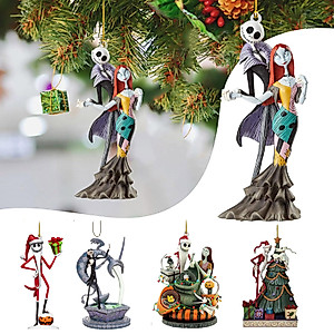 2023 Nightmare Halloween Christmas Tree Decorations, Cute Jack and Sally Christmas Pendants, Flat Christmas Ornaments Set for Xmas Tree and Car Interior (A)