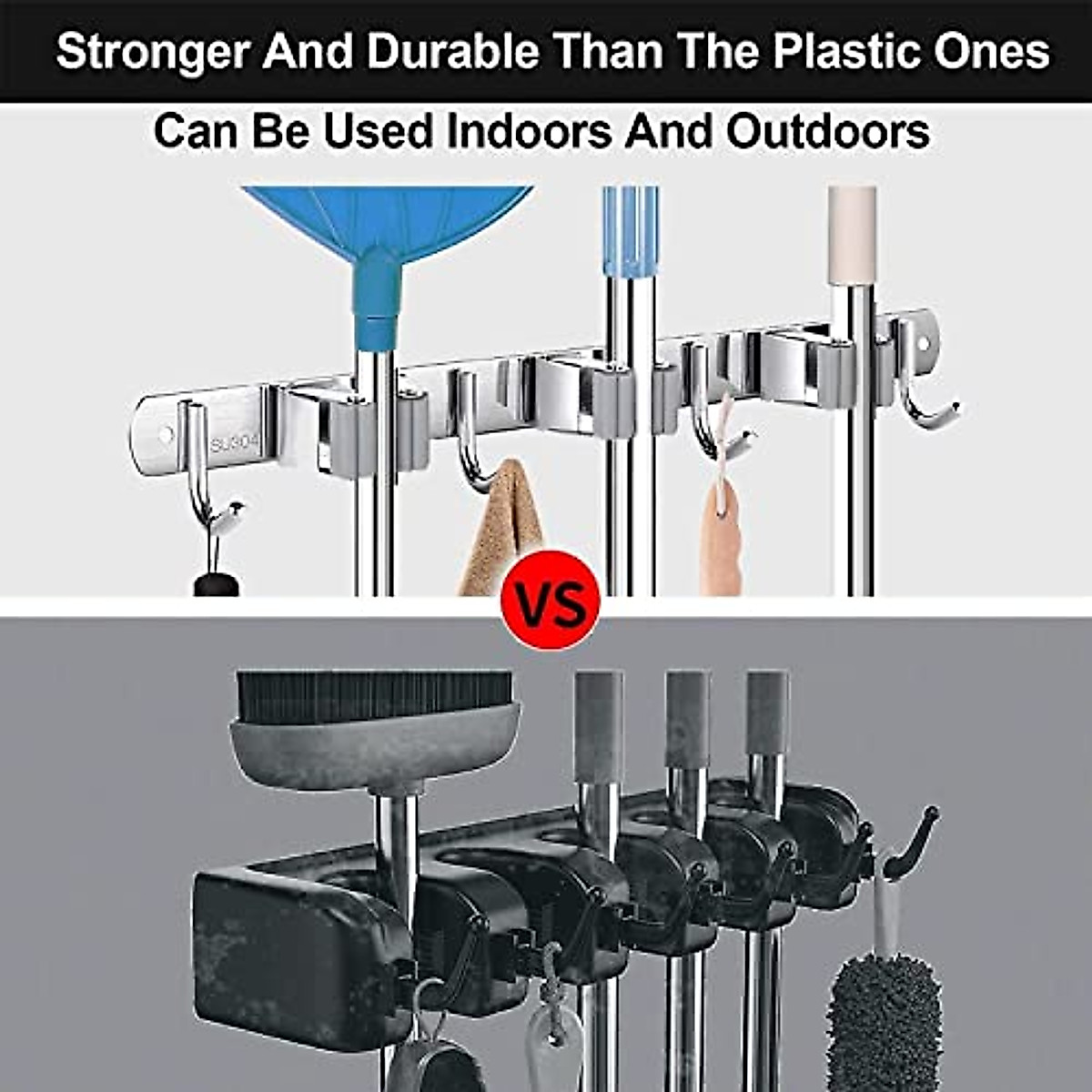 2 Packs Broom and Mop Holder Wall Mounted Garage Organizer Storage Tool Racks Heavy Duty Stainless Steel Mop Holder 4 Hooks 3 Clips, Holds up to 14 Tools for Laundry Room Garden Garage Closet Kitchen