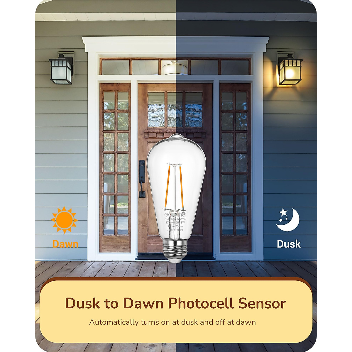 EDISHINE 6 Pack Dusk to Dawn LED Outdoor Light Bulb, Vintage Styled ST64 LED Edison Filament Bulb, 700LM 2700K Warm White with E26 Base, 8W Equivalent 60W, Light Sensing Outdoor, UL Listed