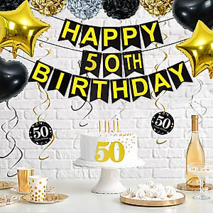 RUBFAC 50th Birthday Decorations for Men, Black Gold Happy Birthday Party Decorations Set for Men Women, 50th Birthday Party Supplies