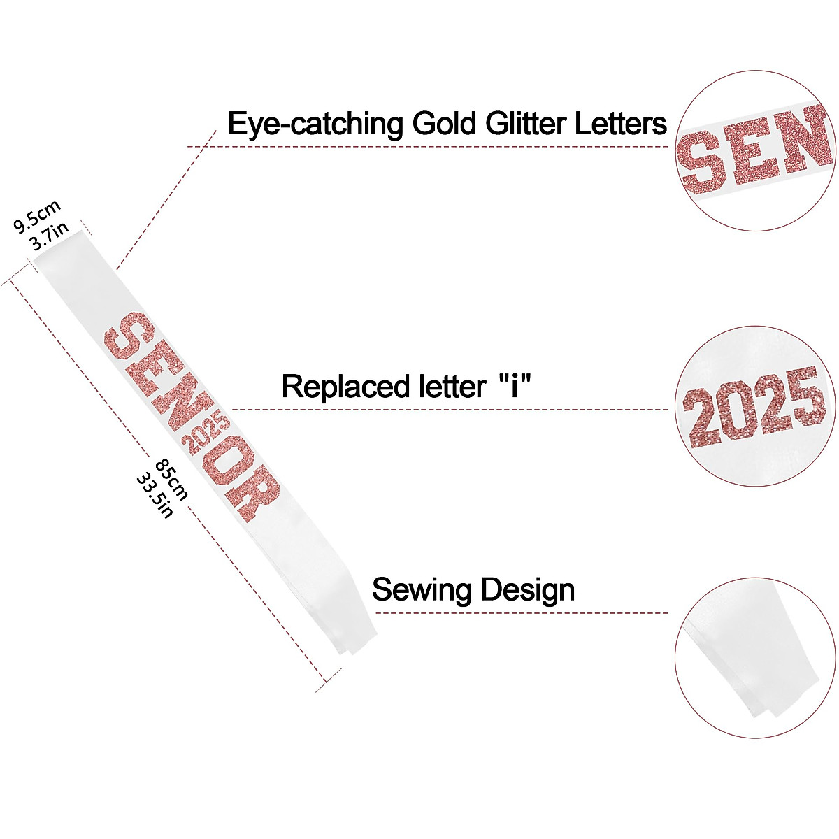 VAITAN 6Pcs White Senior 2025 Satin Sashes with Rose Gold Glitter Letters- 2025 Graduation Celebrations Sashes - Senior Cheer Sash - Cheerleader Sash - Class Competition Sashes