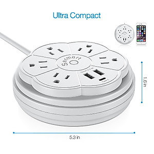 Retractable Power Strip, 5 Outlet Flat Plug Strip with Smart USB Ports and Type-C Port, 900J Surge Protector, 125V/13A, 3.3ft Retractable Extension Cord, Portable & Neat for Travel/Home/Office, White