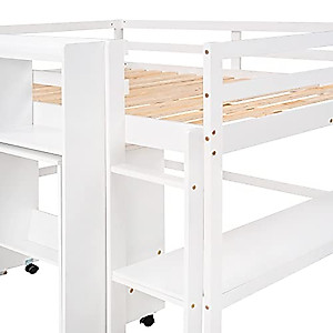 VilroCaz Full Size Low Loft Bed with Rolling Portable Desk and Drawers, Multiple Functions Wood Loft Bed Frame with Storage Shelves for Kids Teens, Sturdy Slats Support (White-Full)