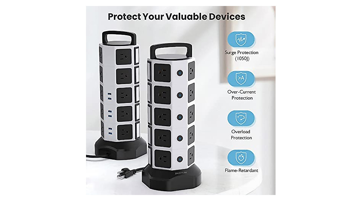 JACKYLED Power Strip Tower: 20 Outlets & 6 USB Ports