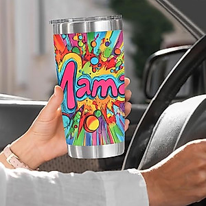 FOCIUZTA 20oz Vibrant Abstract Mama Text Tumbler with lid, Travel Coffee Cup, Ideal for Easter, Mother Day, and birthday gifts