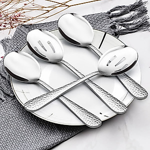 Hammered Serving Spoons, E-far 8-Piece Metal Serving Utensils Set - Solid Spoons x 4, Slotted Spoons x 4, Stainless Steel Hostess Serving Tablespoons Set for Catering Buffet Party Kitchen Restaurant