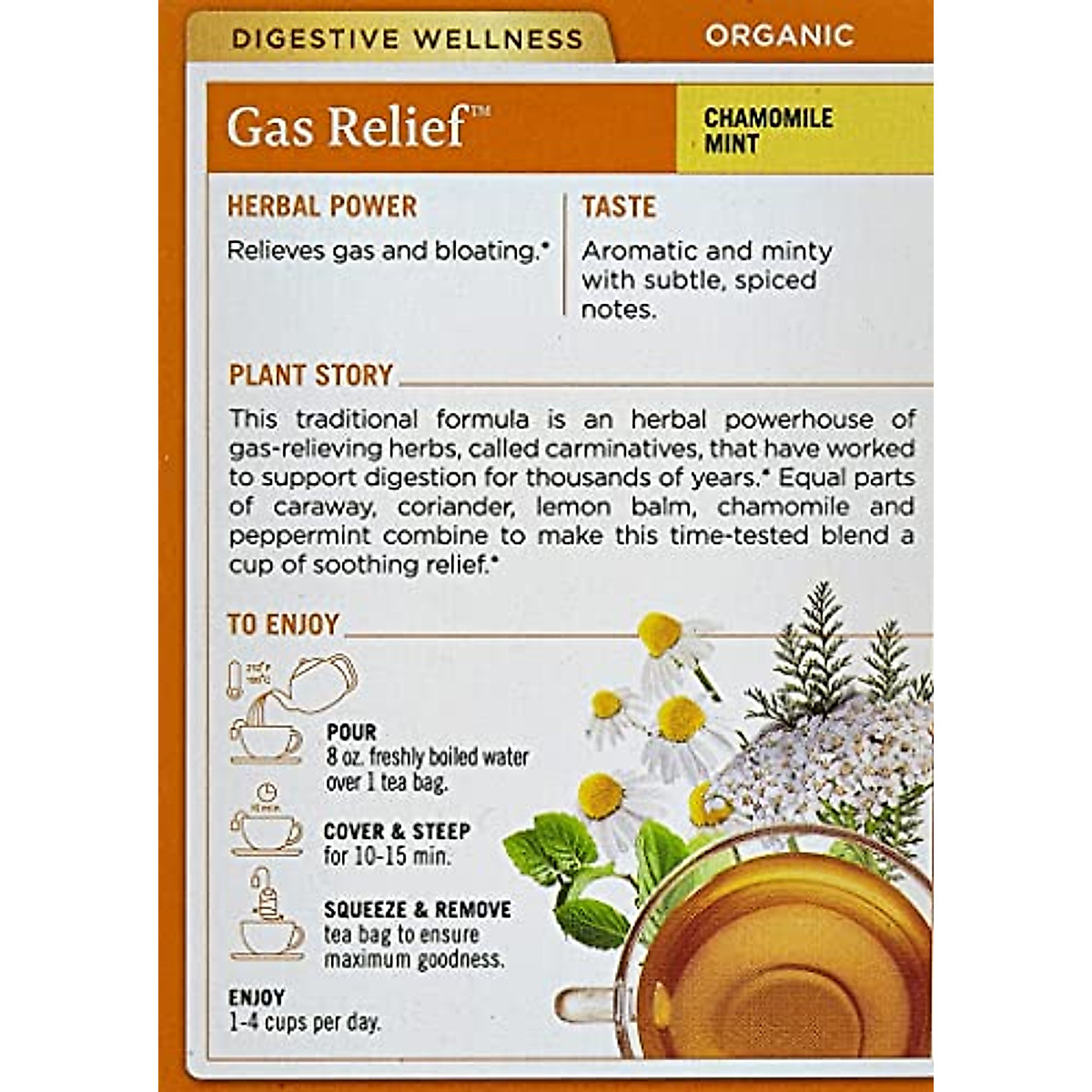 Traditional Medicinals Organic Gas Relief Chamomile Mint Herbal Tea, Relieves Gas & Bloating, (Pack of 1) - 16 Tea Bags