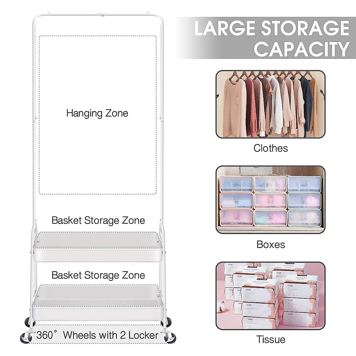 KINGRACK 2-in 1 Garment Rack, Clothing Rack with 2 Tier Metal Basket, Rolling Storage Cart Clothes Organizer Coat Rack Storage Stand on Wheels for Home Bedroom Laundry Small Place Entryway, White