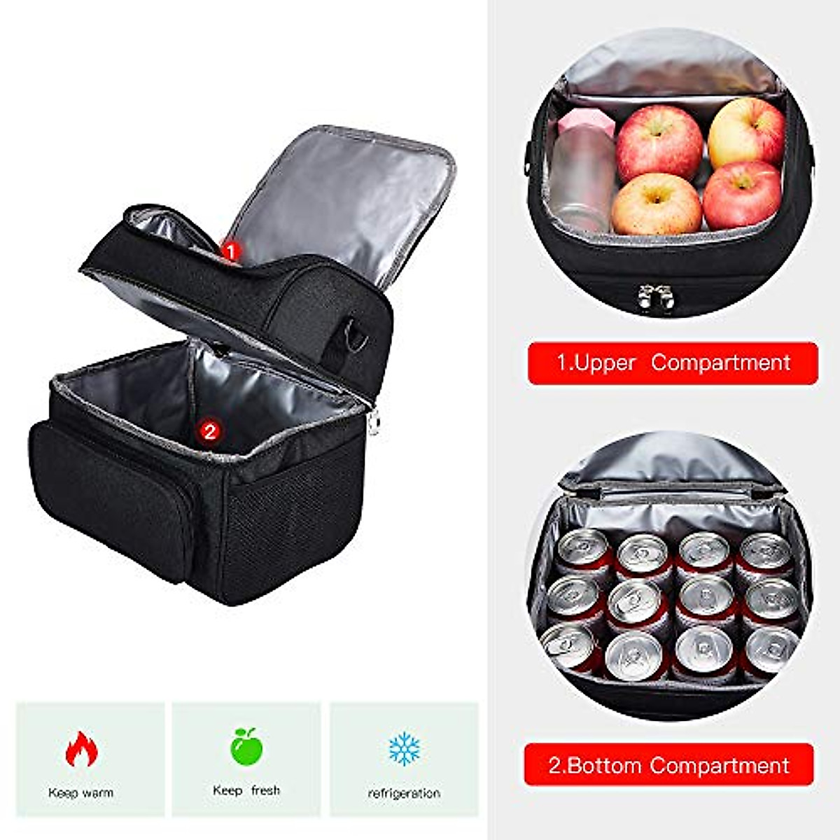 Dual Compartment lunch bag with Shoulder Strap Leakproof Insulated Cooler Bag Tote with Lunchbox Belt for Men Women Adults Work (Black)