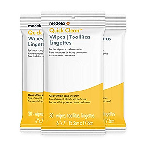 Medela Quick Clean Breast Pump & Accessory Wipes 90ct, 3 Pack of 30Count, Resealable, Convenient & hygienic On The Go Cleaning for tables, Countertops, Chairs, & More
