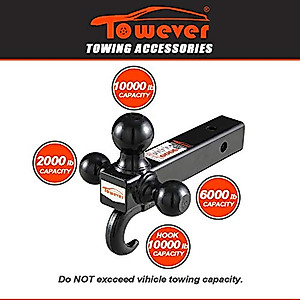 Towever 84181 Class 3/4 Trailer Hitch Tri Ball Mount with Hook (Black, Hollow Shank), for Pickup Truck Tow Hitch Receiver