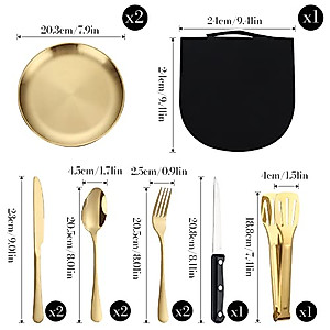 ALXBSONE Stainless Steel Portable Outdoor Cutlery Set 10-pcs Mess kit Travel Camping Steak Knife Fork Spoon Cloth Bag Cutlery Set(Gold)