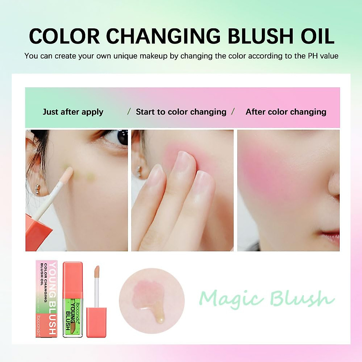 Green Color Changing Blush Oil: Unlock Your Natural Flush,Reacts to your skin's natural pH to instantly give you the perfect shade of natural flush,clear blush for Cheeks,For All Skin Tones.