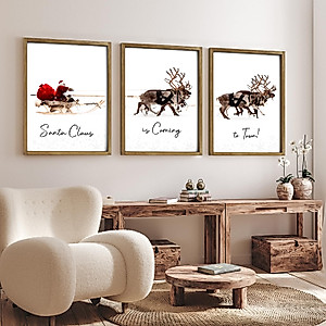LITIVY Framed Set of 3 Christmas Wall Art Christmas Santa Claus with Sleigh Deer for Christmas Wall Decor Prints Xmas Sign for Home Decor Christmas Decorations(12"x16", Brown)
