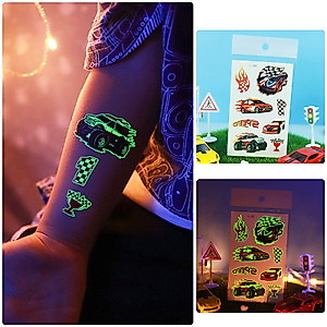 6 Sheets Car Temporary Tattoos for Kids Boys Glow Race Car Body Stickers Waterproof Tattoo Stickers Luminous Vehicle Cute Tattoo Sticker Gifts Birthday Party Supplies Favors Bag Filler Decorations