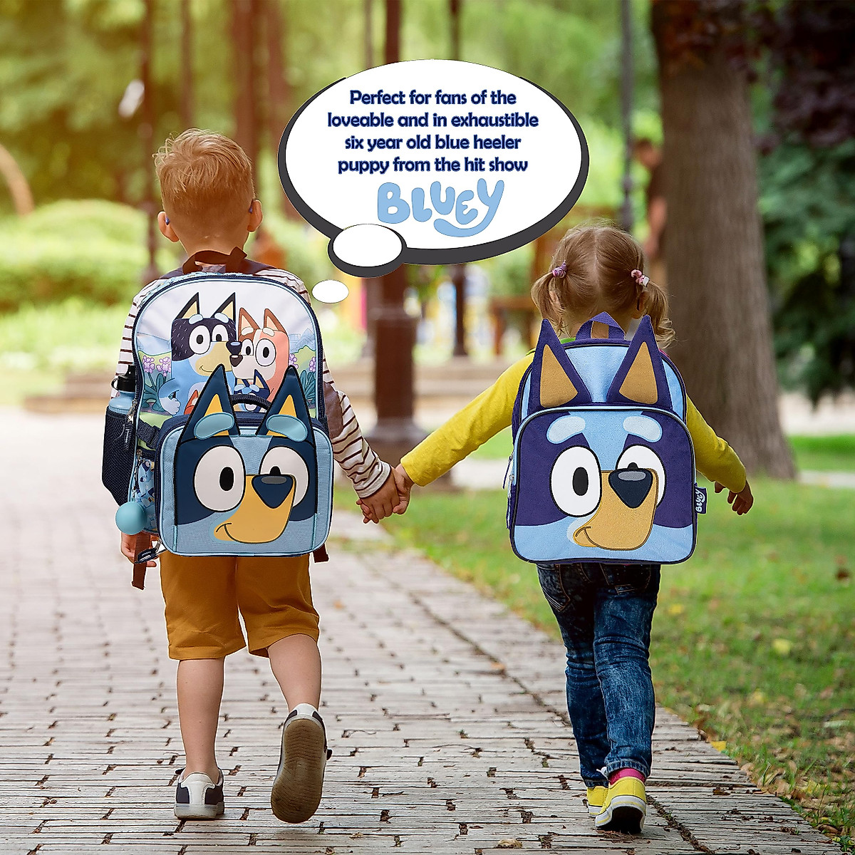 Bluey Girls & Boys Toddler 4 Piece Backpack Set for Kindergarten , School Bag with Front Zip Pocket, Mesh Side Pockets, Insulated Lunch Box, Water Bottle, and Squish Ball Dangle