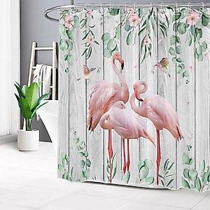 LB Flamingo Plant Shower Curtain Pink Flamingo Floral with Eucalyptus Leaves on Grey Board Shower Curtain Hummingbird Bathroom Decor with Hooks 78Lx72W Inch Waterproof Polyester Bath Curtain