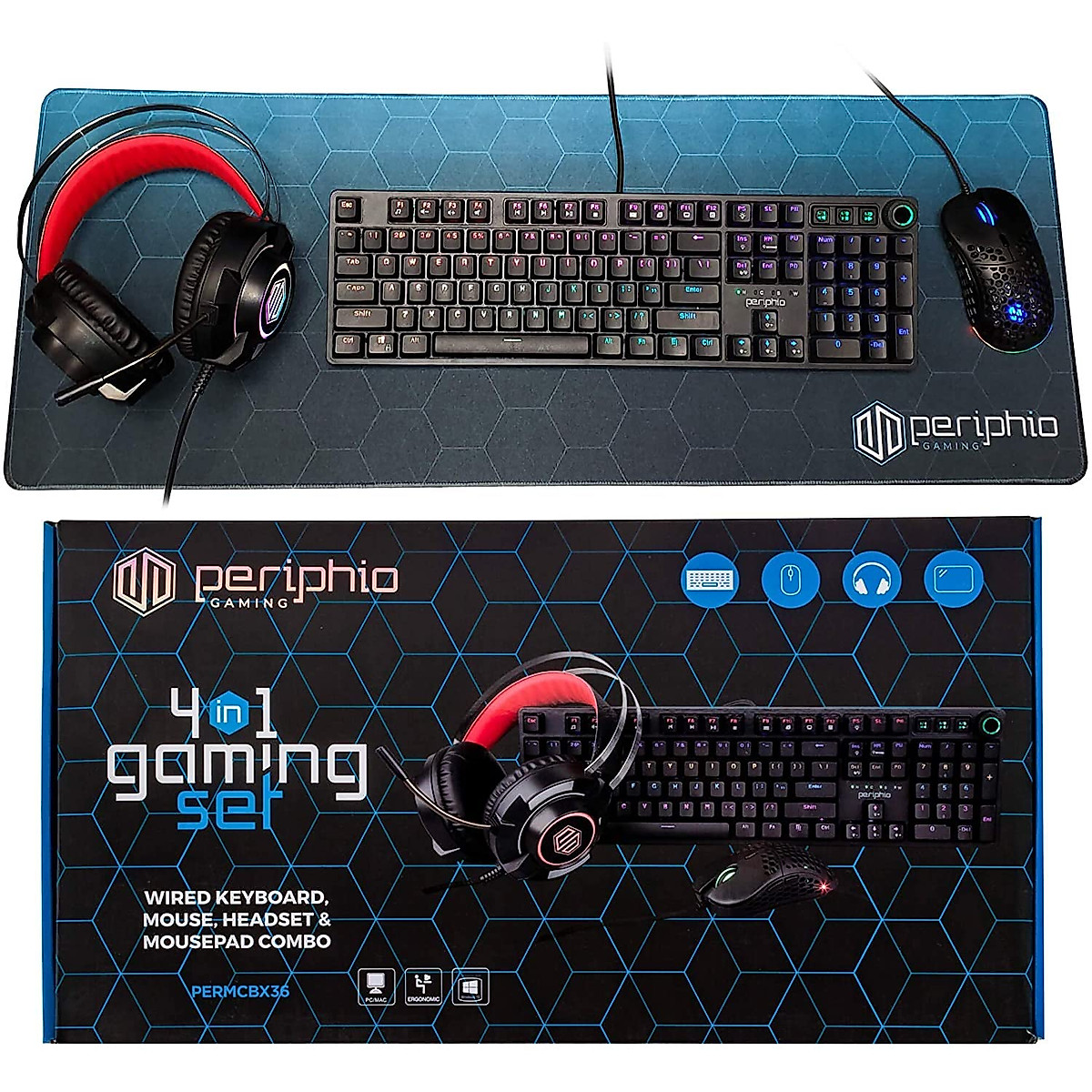 Periphio Warp Gaming PC with AMD Athlon 3000G, Radeon Vega 3 iGPU, 500GB SSD, 16GB DDR4 RAM, Windows 10, 4-in-1 RGB Gaming Bundle, and XXL Desk Mat