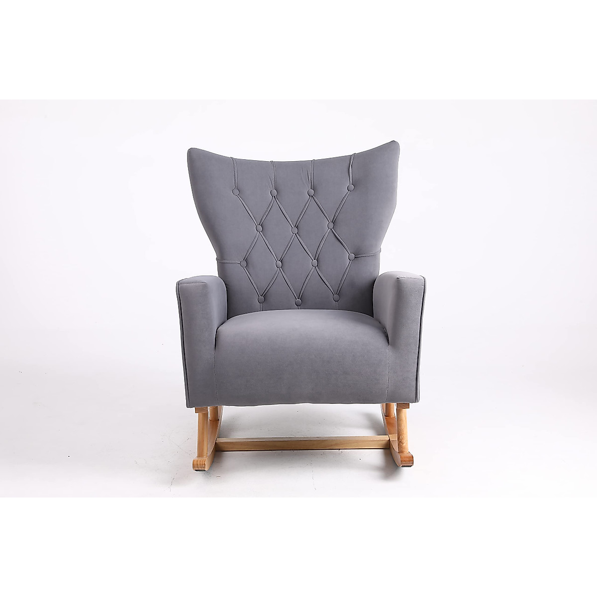 HHOK Rocking, Mid Century Modern Velvet Tufted Upholstered Rocker Armchair Padded Seat with Solid Wood Base, Accent Chair with High Backrest and Armrests for Living Room Bedroom Balcony, Grey